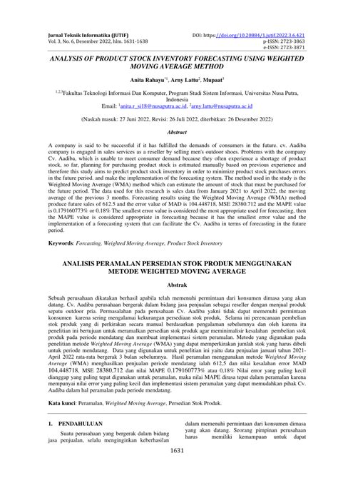 Pdf Analysis Of Product Stock Inventory Forecasting Using Weighted Moving Average Method