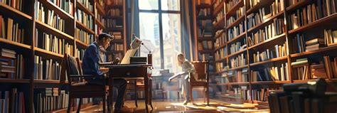 Library With Young Students And A Robotic Assistant In A Serene
