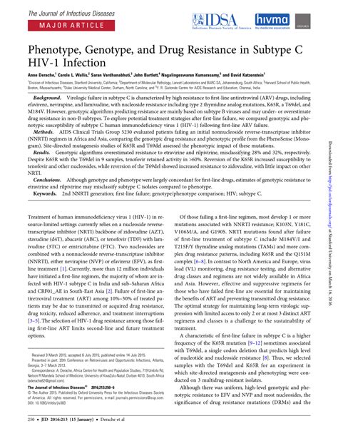 Pdf Phenotype Genotype And Drug Resistance In Subtype C Hiv 1 Infection
