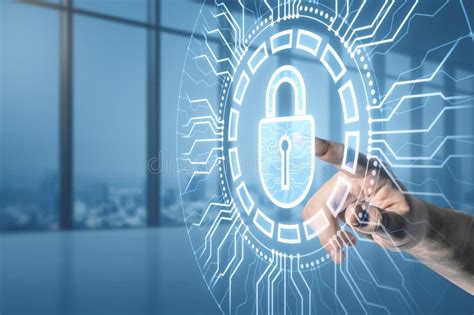 Close Up Of Male Hand Pointing At Creative Glowing Round Padlock Hologram With Circuit On Blurry