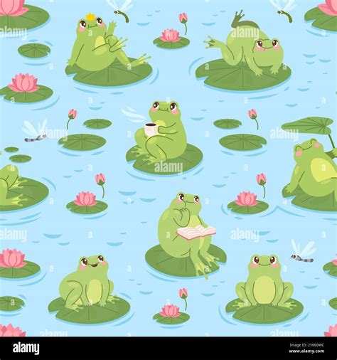 Cartoon Frog Pattern Cute Funny Frogs Seamless Wallpaper Toad In Water Pond With Swamp Lily