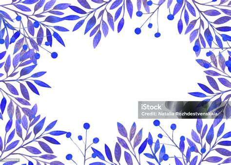 흰색 고립 된 배경에 파란색 잎프레임 수평 프레임 방향 인사말 카드 또는 초대장의 디자인에 대한 수채화 조성물 10월에 대한 스톡 벡터 아트 및 기타 이미지 Istock