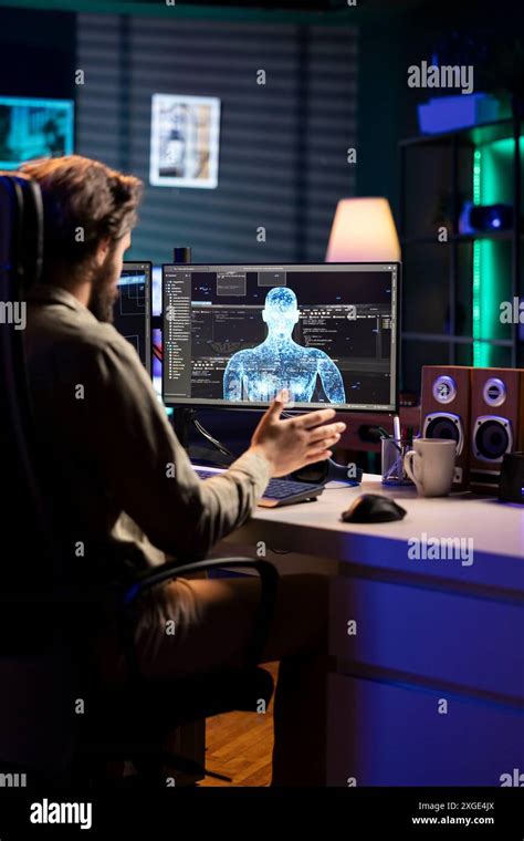 Teleworking Engineer Communicates With Artificial Intelligence Entity