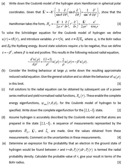 Solved A Write Down The Coulomb Model Of The Hydrogen Atom