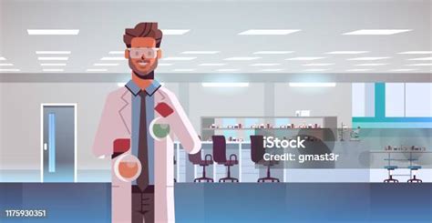 실험 화학 연구 과학 개념 현대 실험실 내부 수평 초상화를 만드는 균일하고 보호 장갑에 화려한 액체 남자와 테스트 튜브를 들고