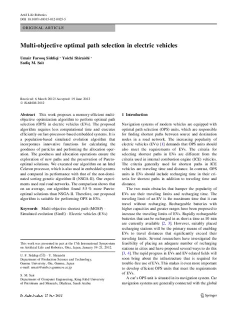 Pdf Multi Objective Optimal Path Selection In Electric Vehicles