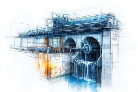 Technical Sketch Of A Hydroelectric Dam Design Featuring Water Flow And Turbine Systems Stock