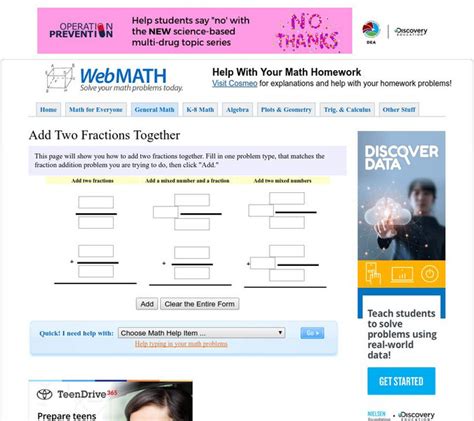 Discovery Education Web Math Add Two Fractions Together Interactive