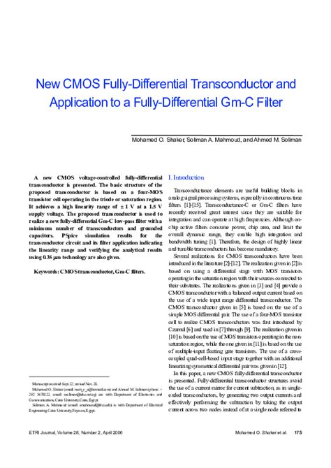 Pdf New Cmos Fully Differential Transconductor And Application To A