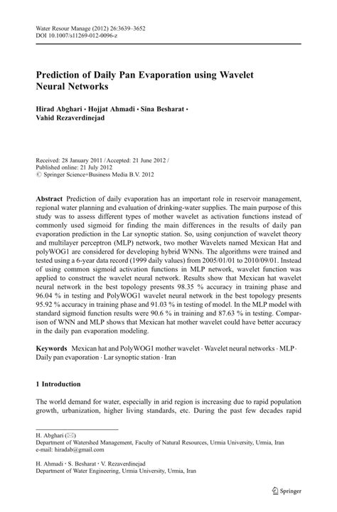 Pdf Prediction Of Daily Pan Evaporation Using Wavelet Neural Networks
