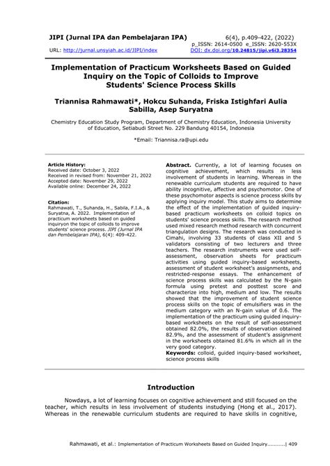 Pdf Implementation Of Practicum Worksheets Based On Guided Inquiry On