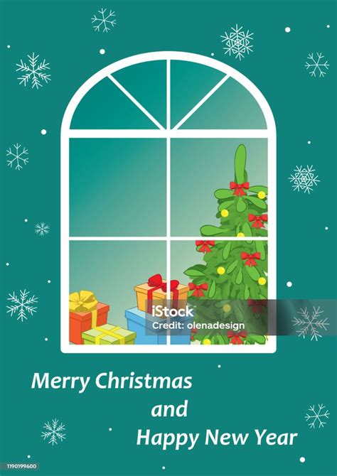크리스마스 휴일을위한 벡터 인사말 카드 창에 새해 나무와 선물 녹색 엽서 12월 31일에 대한 스톡 벡터 아트 및 기타 이미지