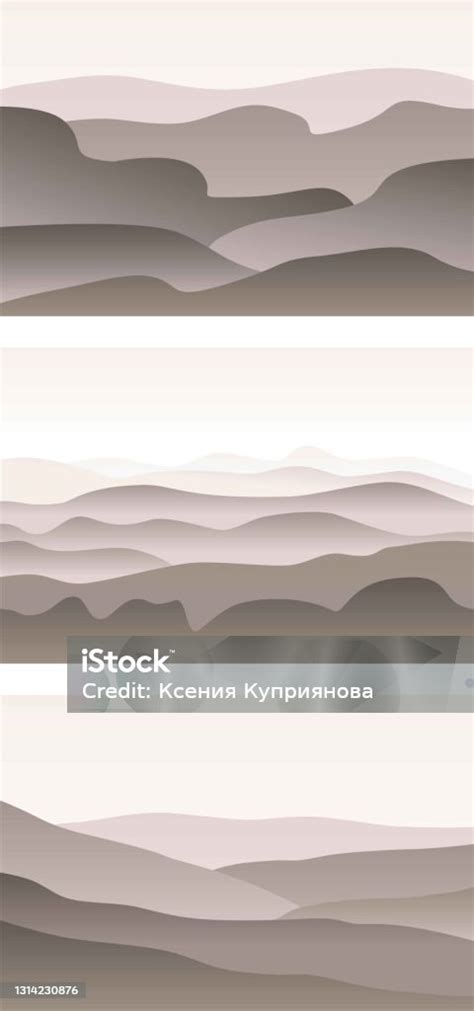 파도가 있는 흑백 풍경 태양은 하늘을 설정합니다 따뜻한 회색과 베이지 색 안개 산 실루엣 샌디 사막 모래 언덕 자연과 생태학 가로 방향입니다 소셜 미디어 엽서 및 포스터용