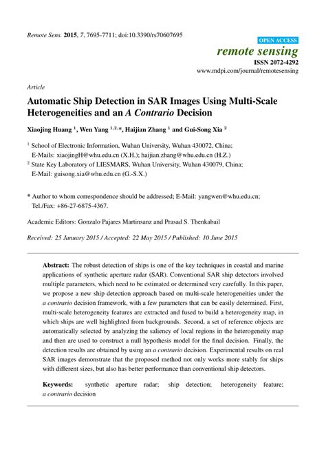Pdf Automatic Ship Detection In Sar Images Using Multi Scale Heterogeneities And An A