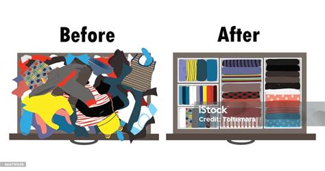 아이 옷장 서랍에 정리 하기 전후 지저분한 옷 고 멋지게 배열된 옷 더미에서 조직에 대한 스톡 벡터 아트 및 기타 이미지 조직 서랍 순서 Istock
