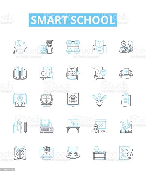 스마트 학교 벡터 라인 아이콘이 설정되었습니다 스마트 학교 기술 학습 혁신 지능형 디지털 일러스트레이션 개요 개념 기호 및 기호