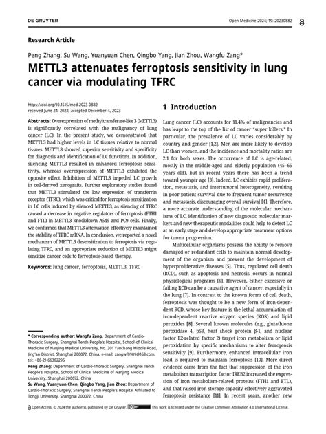Pdf Mettl3 Attenuates Ferroptosis Sensitivity In Lung Cancer Via Modulating Tfrc
