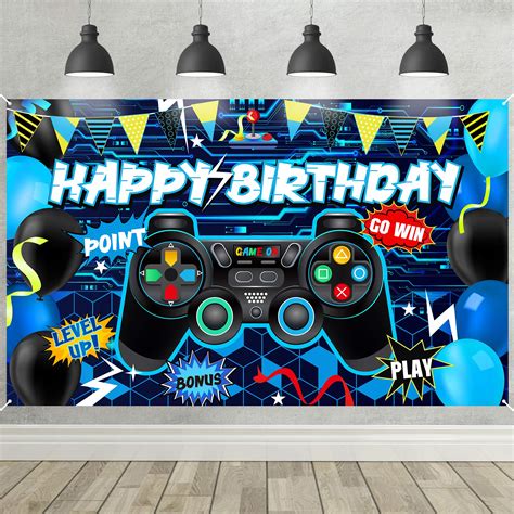 Video Game Happy Birthday Backdrop Blue Gaming Pixelated Theme Banner