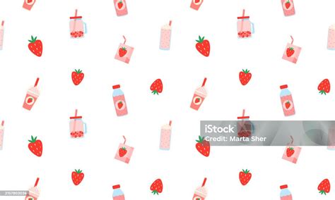 딸기 음료 원활한 패턴입니다 여름의 상쾌한 음료 주스 밀크 쉐이크 커피 딸기 맛의 버블티 육즙이 많은 여름 딸기 편평한 벡터 삽화 개체 그룹에 대한 스톡 벡터 아트 및 기타