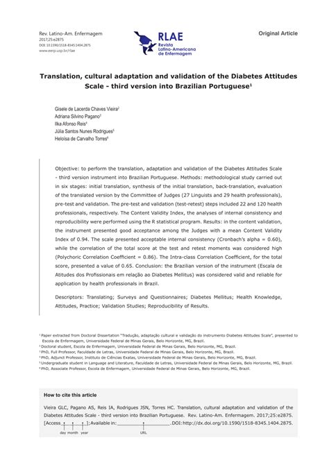 Pdf Translation Cultural Adaptation And Validation Of The Diabetes Attitudes Scale Third