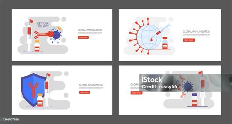 예방 접종 개념 방문 페이지 템플릿 배너 아이콘 주사기 백신 병 항체 및 바이러스를 가진 웹 설계를 위한 현대 예방 접종 개념 플랫 벡터 일러스트레이션 격리된 개체