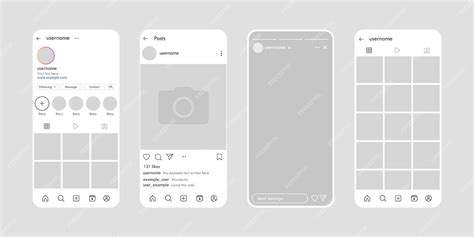소셜 네트워크 앱 인터페이스 모 디자인 현대 소셜 미디어 플랫폼 프로필 스토리 레이아웃 프리미엄 벡터