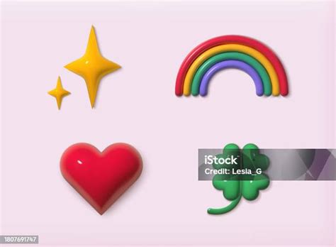 광택 아이콘 세트입니다 별 무지개 하트 그린 클로버 모바일 애플리케이션용 3d 벡터 일러스트레이션 입체 이미지에 대한 스톡 벡터