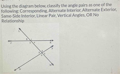 using the diagram below classify the angle pairs as one of the