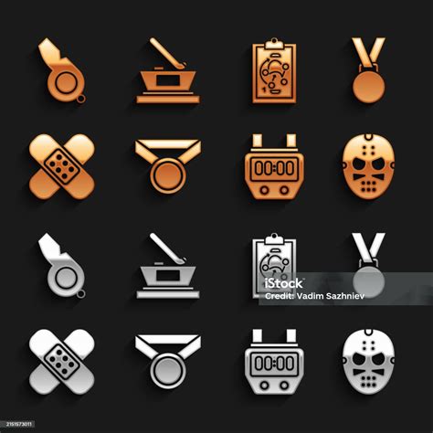 세트 메달 하키 마스크 스톱워치 교차된 붕대 석고 계획 전략 호루라기 및 아이스하키 컵 챔피언 아이콘 벡터 1에 대한 스톡 벡터 아트 및 기타 이미지 Istock