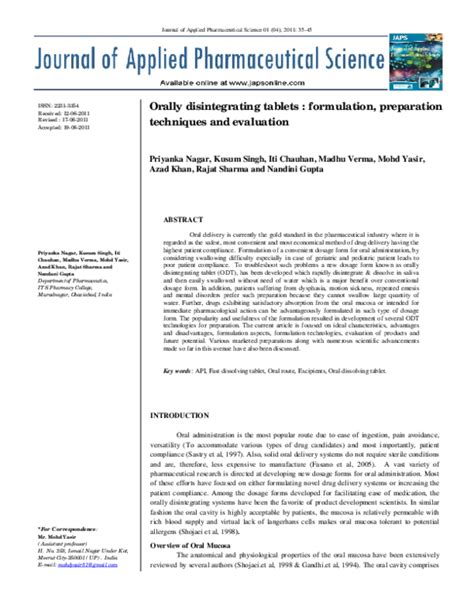 Pdf Orally Disintegrating Tablets Formulation Preparation