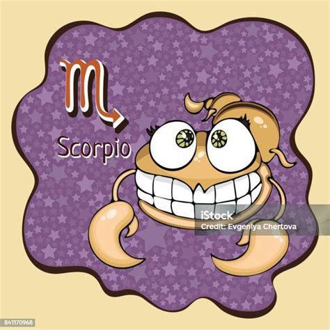 조디악 로그인 별자리 문자 손 그림 전갈 자리 만화 재미 있는 전갈 자리는 추상 보라색 잉크의 형태로 프레임에 그린 스타의