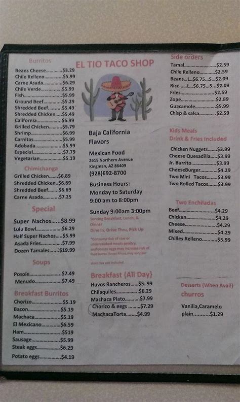 Menu At El Tio Taco Shop Pub And Bar Kingman E Northern Ave