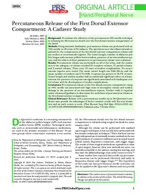 Pdf Percutaneous Release Of The First Dorsal Extensor Compartment A