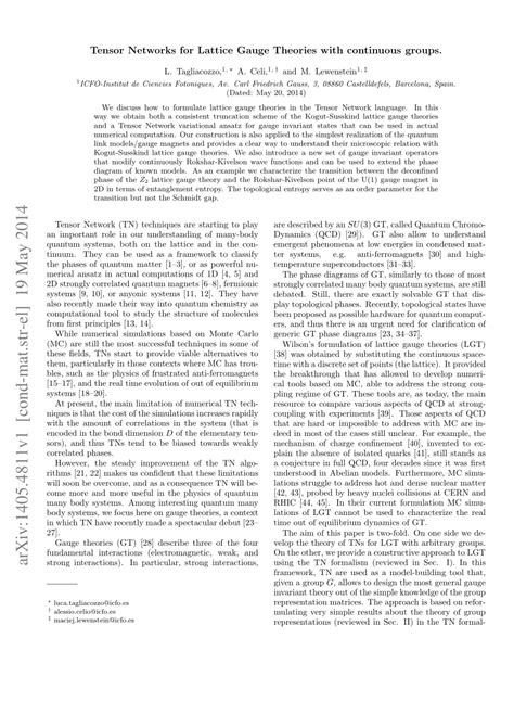 Pdf Tensor Networks For Lattice Gauge Theories With Continuous Groups