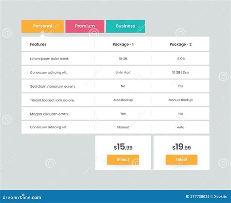Minimal Pricing Comparison Chart Web Ui Template Design Cartoon Vector