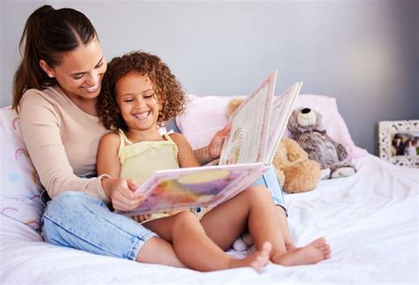 Smile Book And Mother With Daughter In Bedroom For Storytelling
