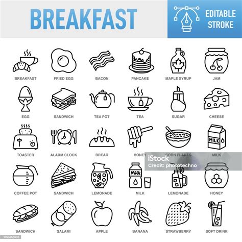 아침 식사 얇은 선 벡터 아이콘 세트입니다 완벽한 픽셀 편집 가능한 획 모바일 및 웹용 세트에는 아침 식사 베이컨 계란 계란 후라이 삶은 계란 빵 커피음료 커피 컵 컵 아침