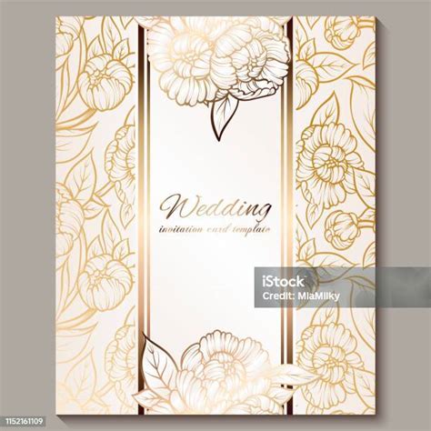 절묘 한 로얄 럭셔리 웨딩 초대장 텍스트 프레임 및 장소 흰색 배경에 골드 황금 빛나는 그라데이션으로 장미 또는 모란으로 만든 레이스 단풍 0명에 대한 스톡 벡터 아트 및