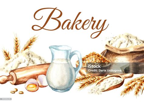 베이커리 카드입니다 나무 롤링 핀 깨진 달걀 밀가루의 그릇 밀의 귀 및 우유의 용기 흰색 배경에 고립 수채화 손으로 그린 그림 빵에 대한 스톡 벡터 아트 및 기타 이미지