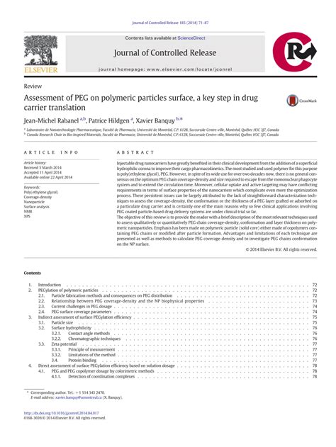 Pdf Assessment Of Peg On Polymeric Particles Surface A Key Step In Drug Carrier Translation