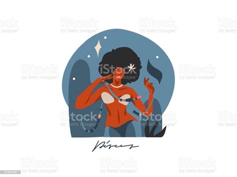 손으로 그린 벡터 스톡 추상적 인 플랫 그래픽 일러스트와 조디악 점성술 기호 물고기자리 와 아름다움 마법 아프리카 계 미국인 인어 흰색 배경에 고립 된 여성 만화 예술