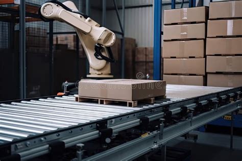 Robot Lifting Heavy Pallet Of Goods And Placing It On Conveyor Belt Stock Illustration