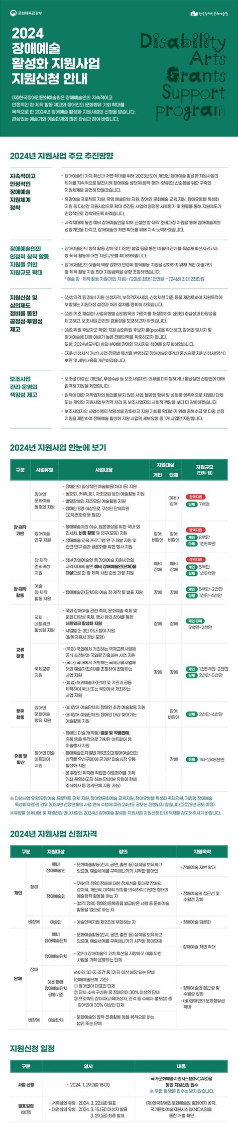 한국장애인문화예술원 2024 장애예술 활성화 지원사업 지원 신청 안내 ~129월 1800 센터소식