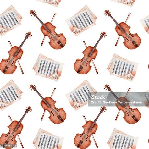 바이올린 활 및 악보와 완벽 한 패턴 클래식 현악기 벽지입니다 손으로 그린 수채화 그림은 흰색 배경에 고립되어 있습니다 직물 직물 또는 어떤 지상 예술 디자인든지를 위해