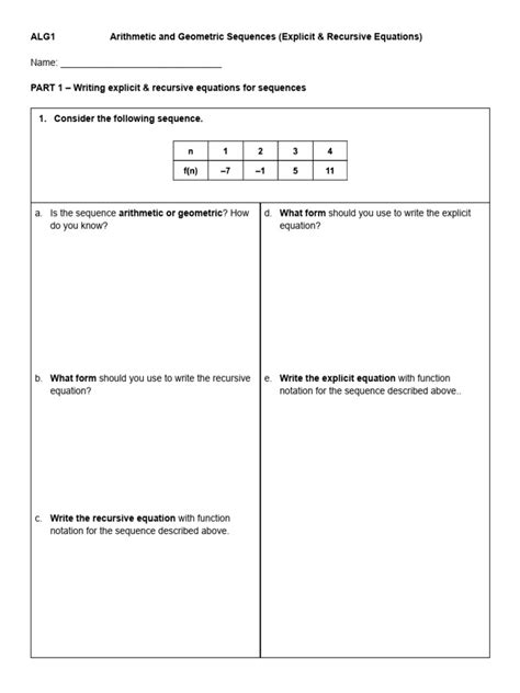 Math 9th Arithmetic And Geometric Sequences Explicit And Recursive
