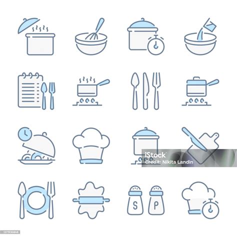 요리와 주방 기구 관련 블루 라인 컬러 아이콘 냄비 팬 및 요리 레시피 아이콘 세트 굴리기에 대한 스톡 벡터 아트 및 기타