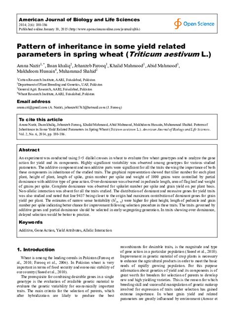 Pdf Pattern Of Inheritance In Some Yield Related Parameters In Spring Wheat Triticum Aestivum