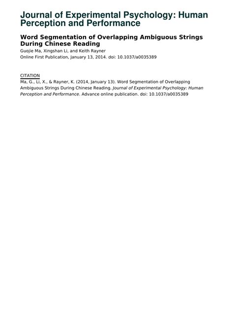 Pdf Word Segmentation Of Overlapping Ambiguous Strings During Chinese Reading