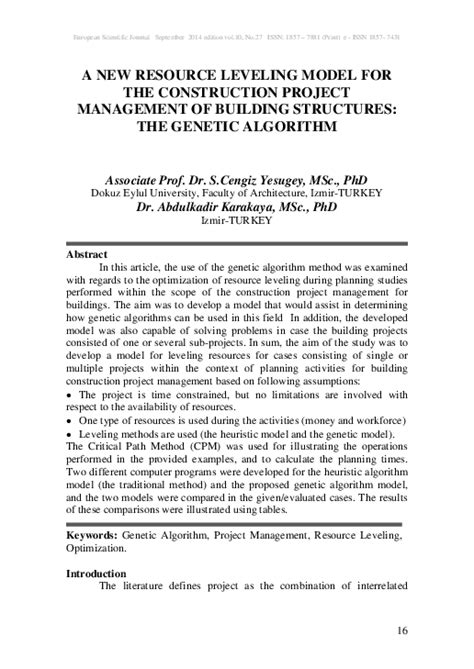 Pdf A New Resource Leveling Model For The Construction Project Management Of Building