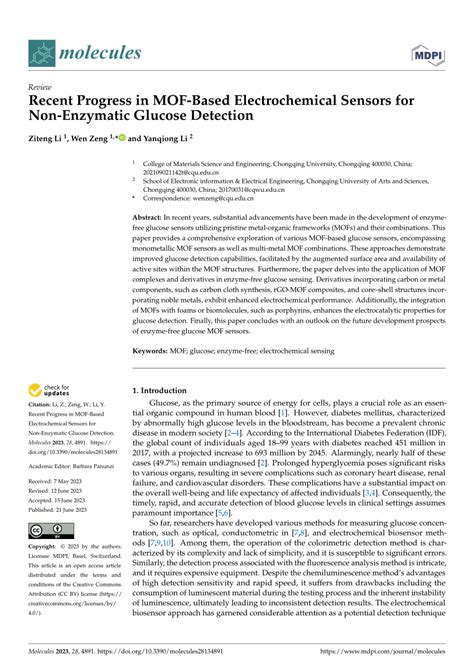Pdf Recent Progress In Mof Based Electrochemical Sensors For Non Enzymatic Glucose Detection